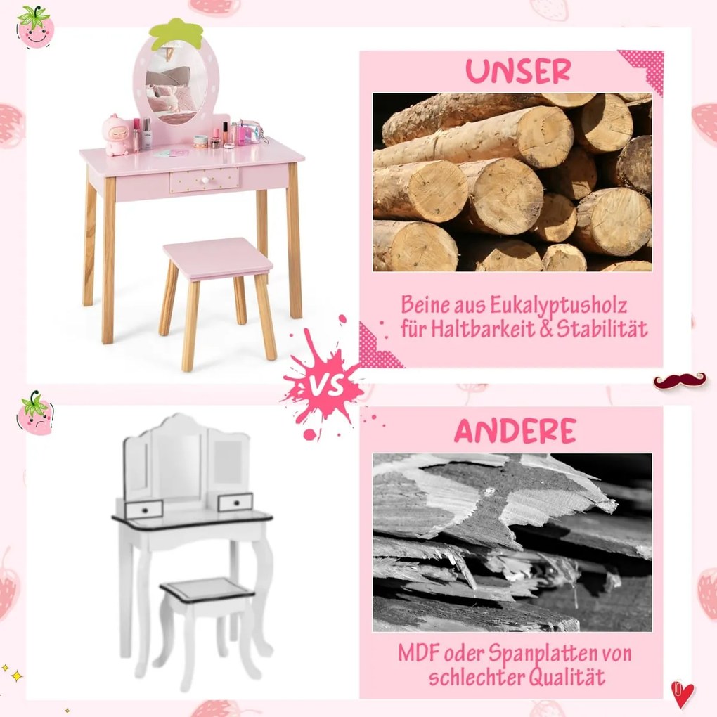 Costway Dřevěná 2 ve tvaru jahody v 1 Dětská make-upová sada se stoličkou