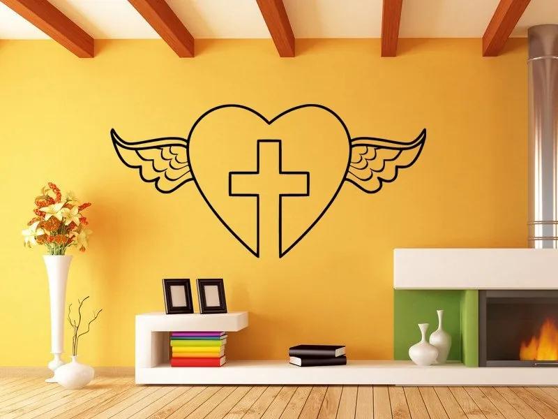 Samolepka na zeď Okřídlené srdce s křížem 1380