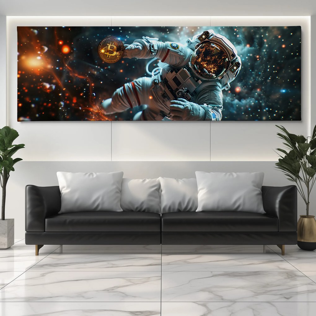 Obraz na plátně - Bitcoin, Astronaut štosuje ve vesmíru FeelHappy.cz Velikost obrazu: 150 x 50 cm