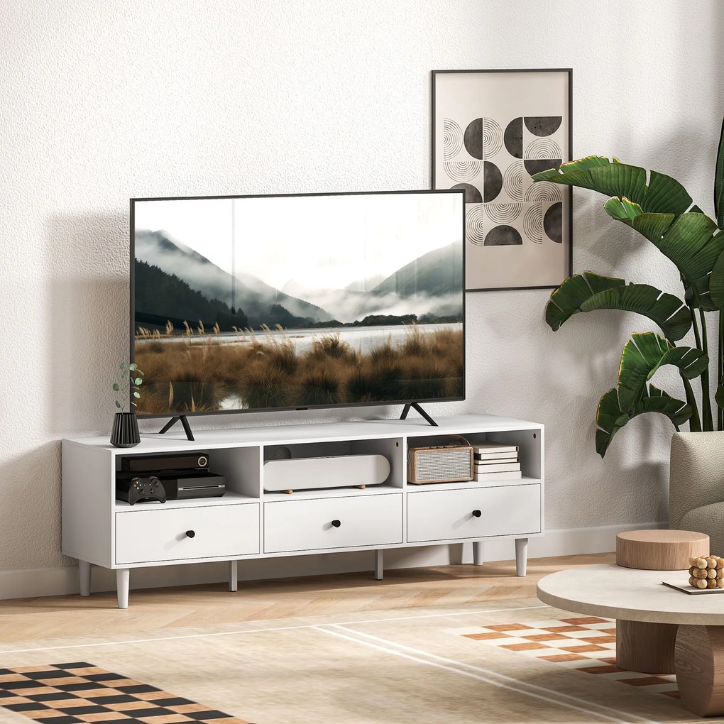 TV stolek HOMCOM s přihrádkami a šuplíky, 140 cm dlouhý TV konzole pro TV do 75 palců s úložným prostorem a organizací kabelů, bílý 140x34x45cm