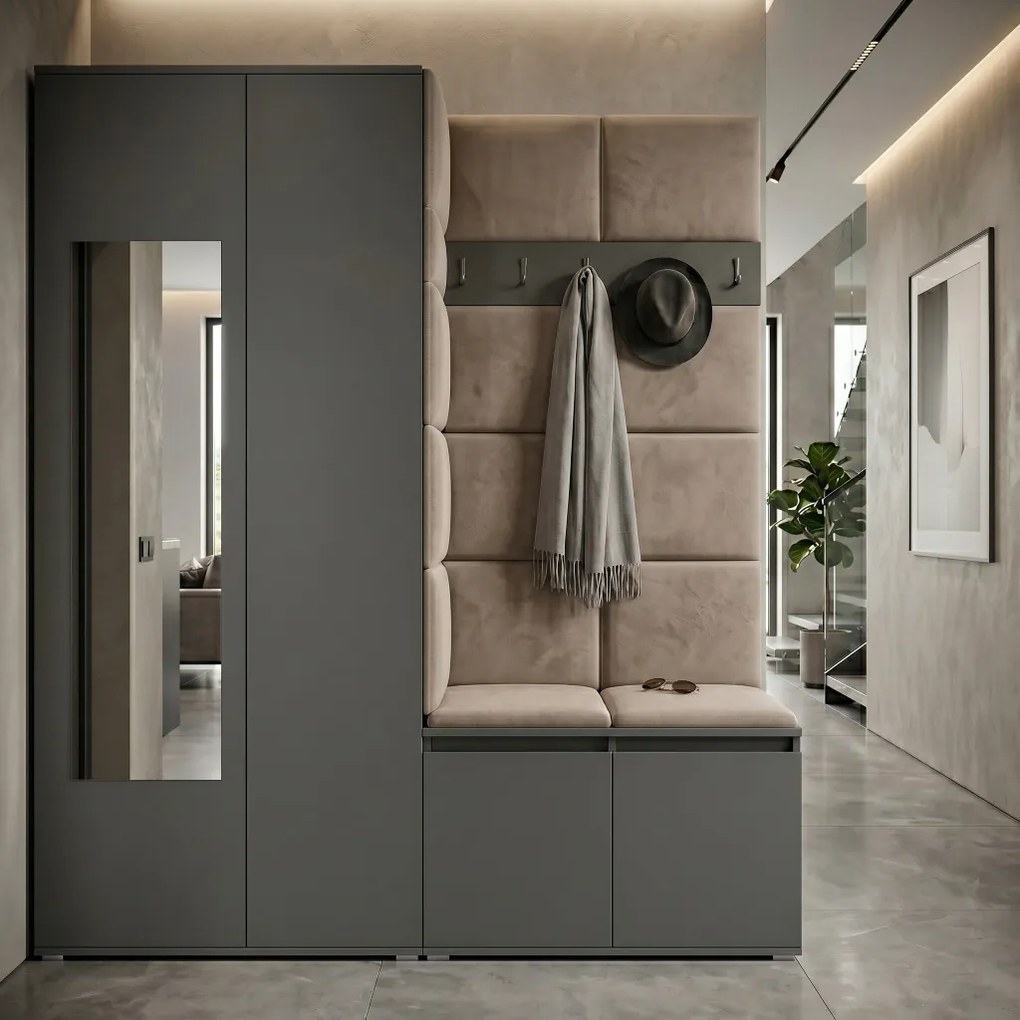 Předsíňová stěna Trinity 8 s čalouněnými panely, 190 cm, grafit/ tmavě krémová
