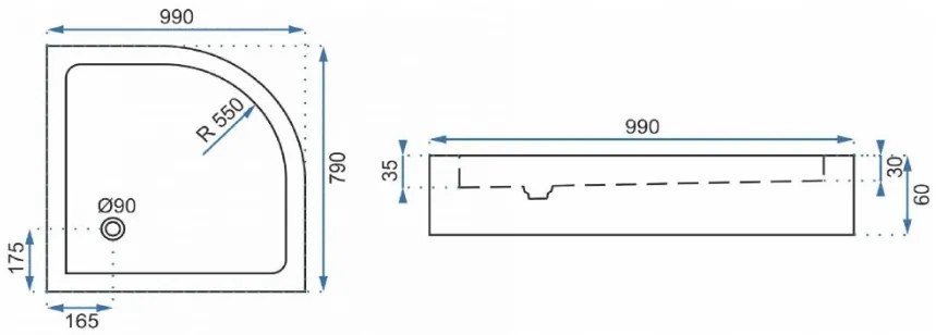 Rea Look, akrylátová čtvrtkruhová sprchová vanička 100x80x6 cm + chromový sifon, pravá, bílá, REA-K7906