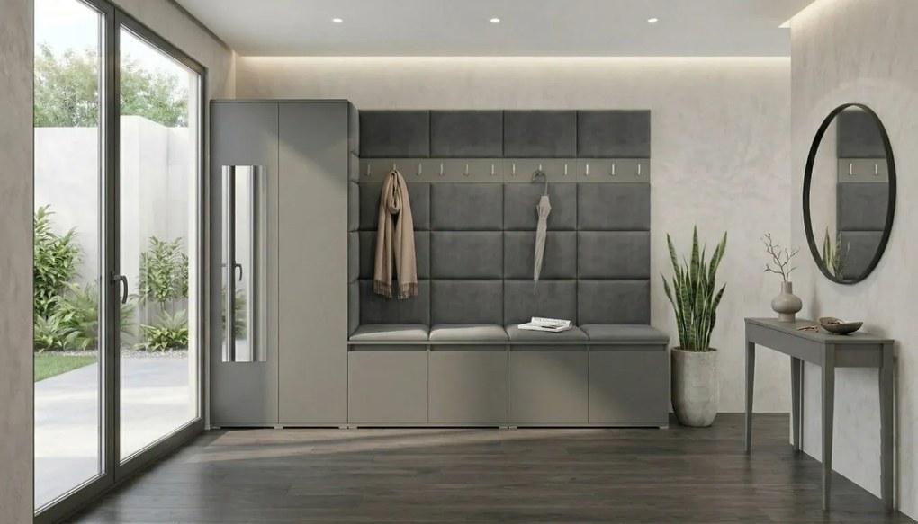 Předsíňová stěna Trinity 9 s čalouněnými panely, 290 cm, grafit/ hnědá