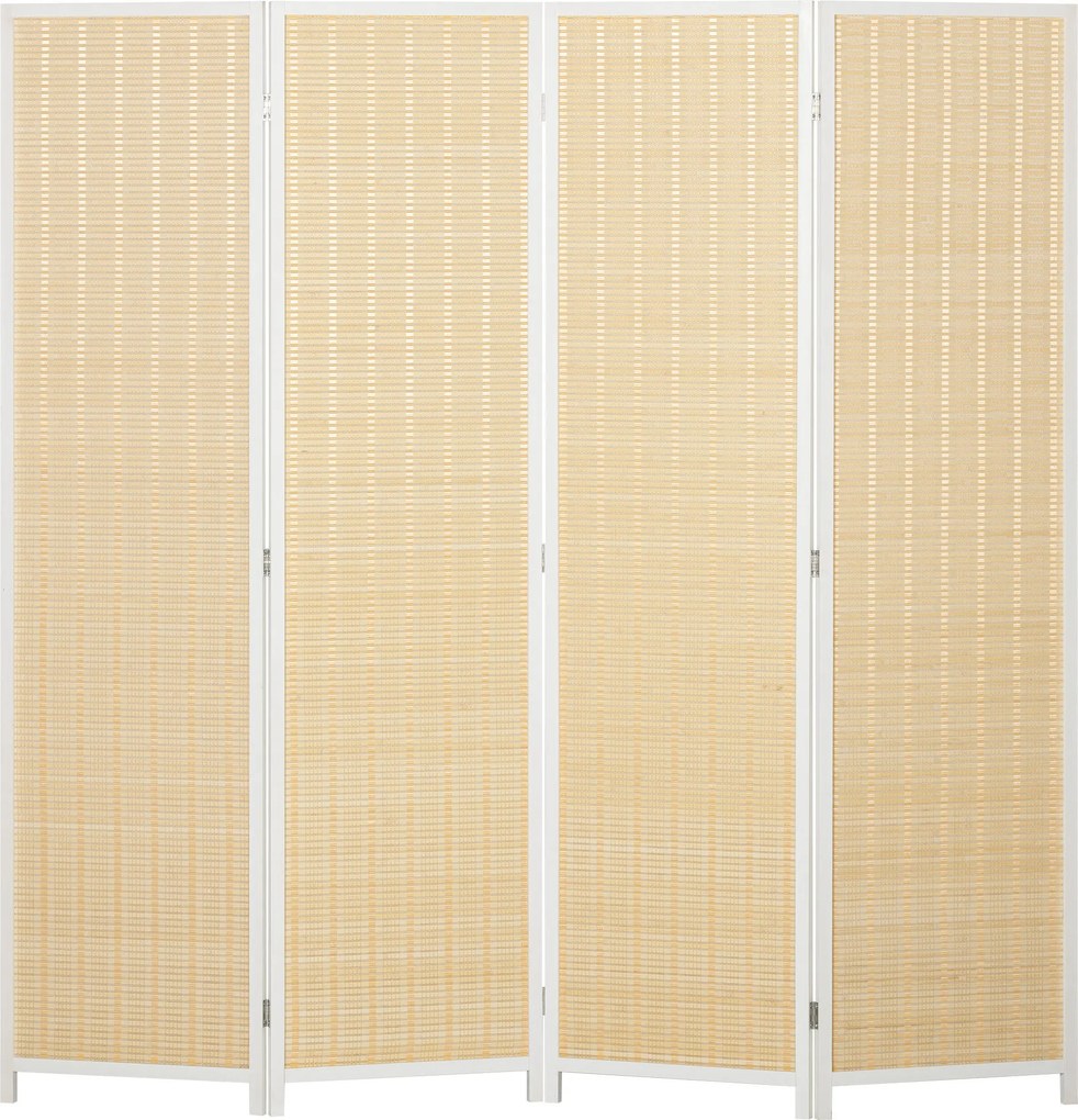 HOMCOM Skládací Oddělovač Místnosti 4 Panely 180x180 cm Ručně Tkaný z Bambusu a Bavlny Elegantní Dekorace do Obývacího Pokoj Bílá