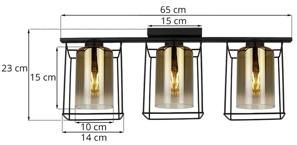 Stropní svítidlo Hella Cage, 3x zlaté skleněné stínítko v kovovém rámu