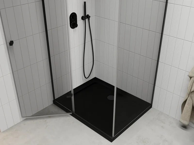 Mexen Roma, sprchový kout s 1-křídlými dveřmi 100 (dveře) x 80 (stěna) cm, 6mm čiré sklo, černý profil, slim sprchová vanička 5cm černá s černým sifonem, 854-100-080-70-00-4070B