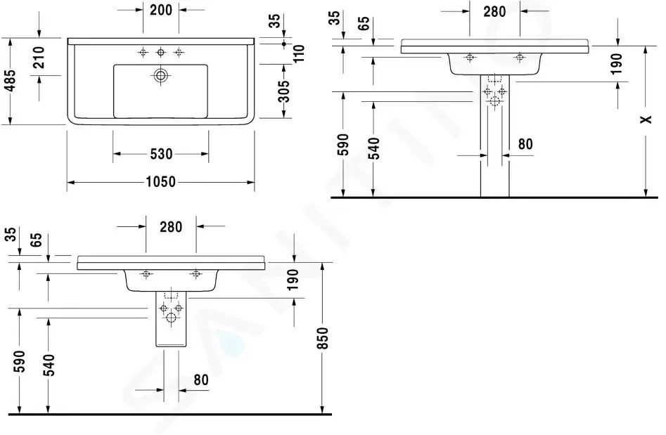 DURAVIT - Starck 3 Umyvadlo nábytkové 1050x485 mm, s 1 otvorem pro baterii, bílá (0304100000)