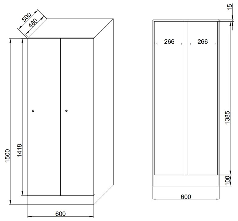 Šatní skříňka snížená, 2 oddíly, 1500 x 600 x 500 mm, mechanický kódový zámek, laminované dveře, buk