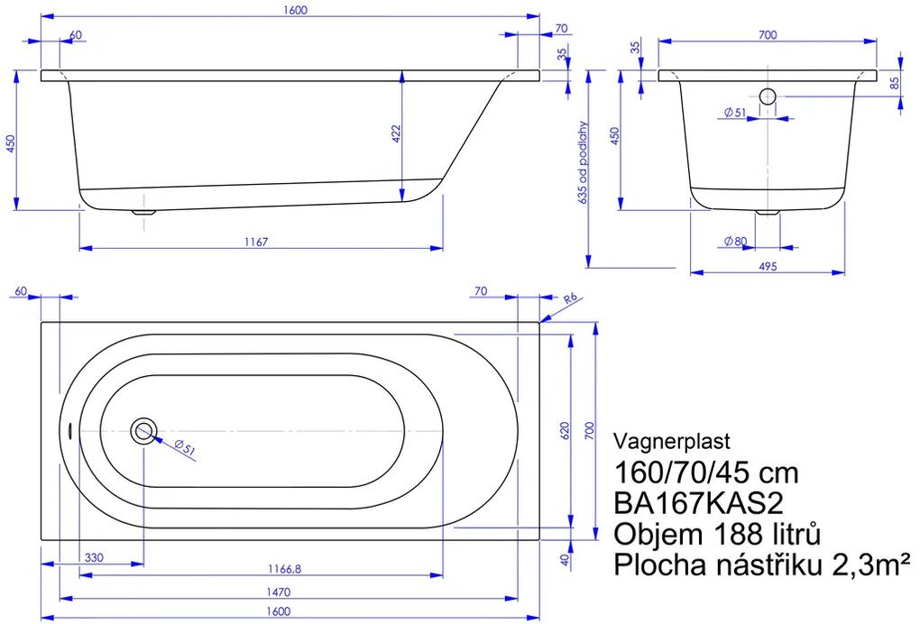 Vagnerplast Kasandra BJ 160 x 70 cm vana pravá s otvorem pro otočné umyvadlo