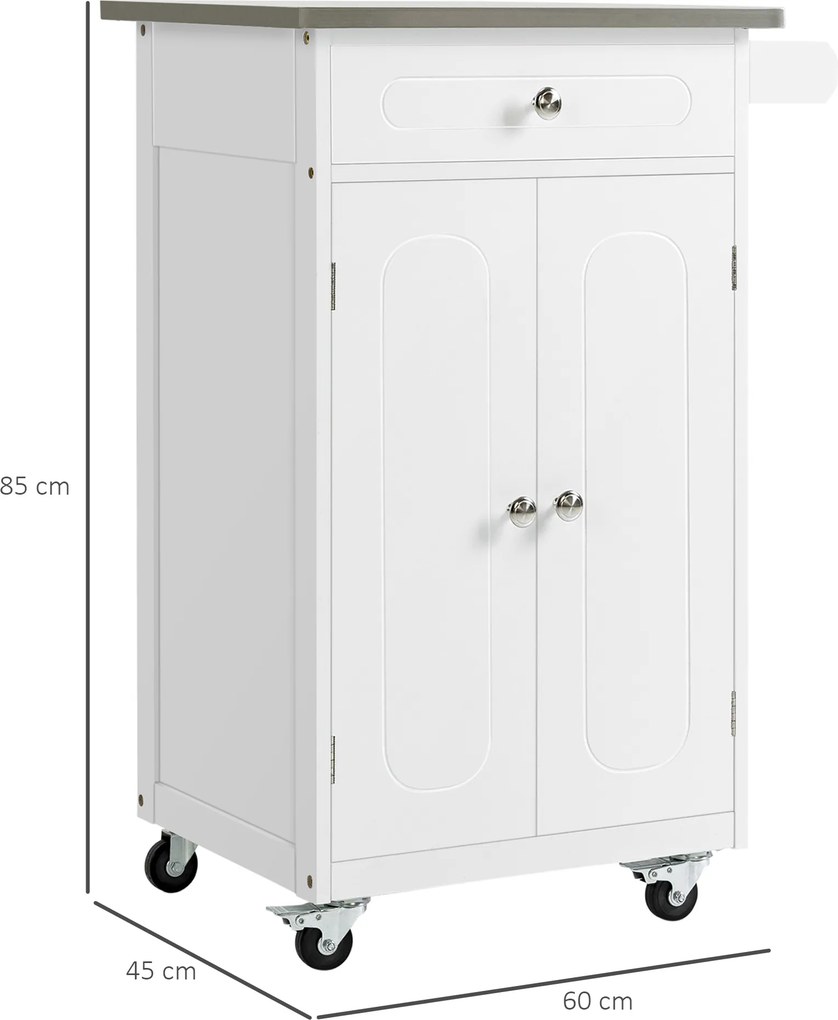 HOMCOM Bílý Kitchen Island Trolley z MDF a nerezové oceli s kolečky, víceúložný, 1 zásuvka, skříňka s 2 dveřmi a držákem na utěrku