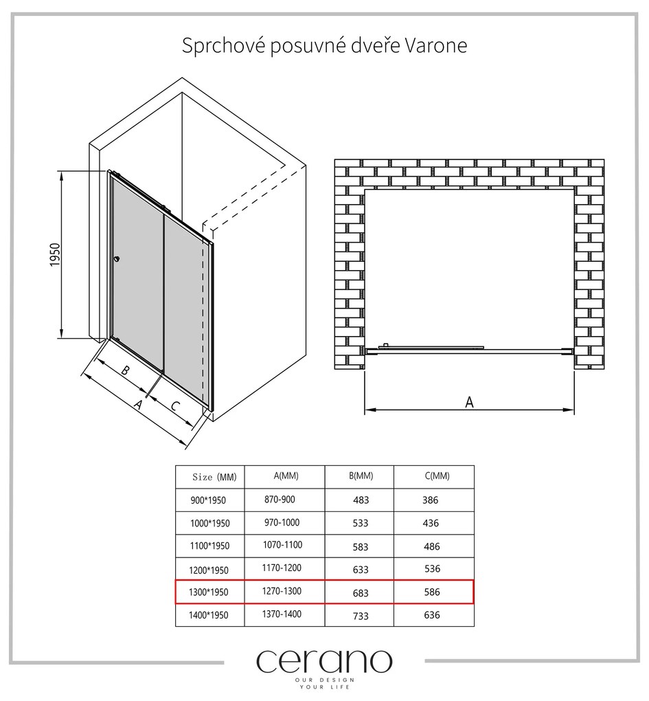 CERANO - Sprchový kout Varone L/P - černá matná, transparentní sklo - 130x70 cm - posuvný