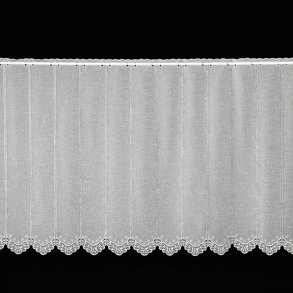 Českomoravská textilní vitrážová záclona, polyesterový batist V507 lístky s bordurou, vyšívaná, bílá výška 80m (v metráži)