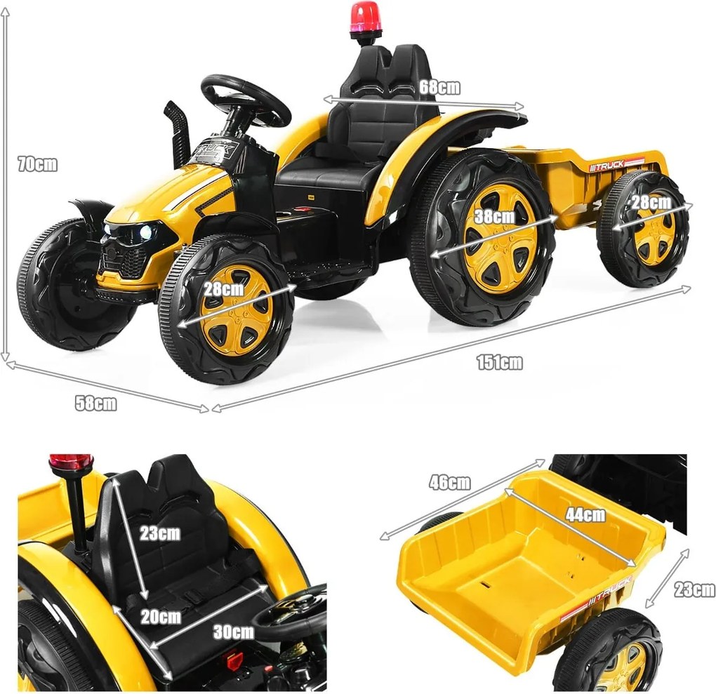 Costway Traktor 12 V s 2,4 G dálkovým ovládáním a odnímatelným přívěsem pro děti