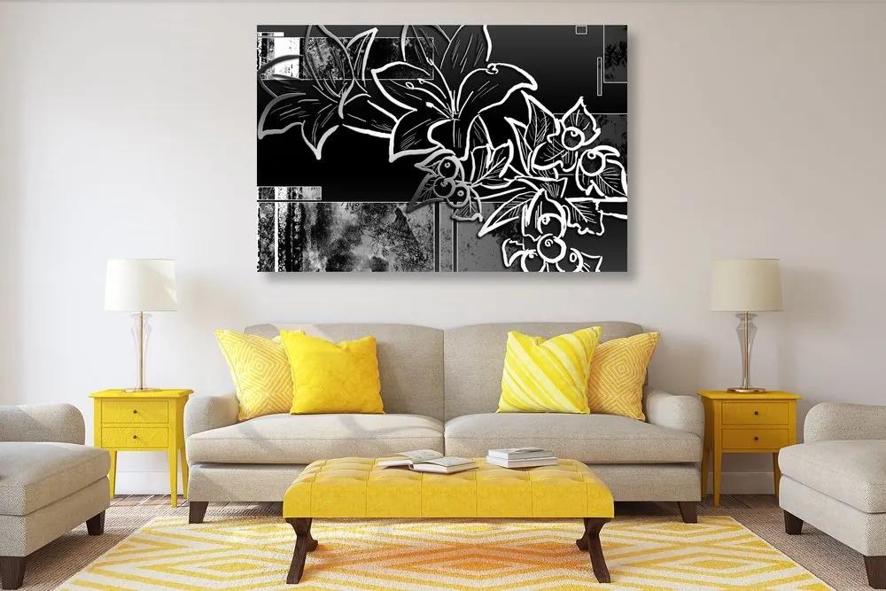 Obraz květinová ilustrace v černobílém provedení - 90x60 cm