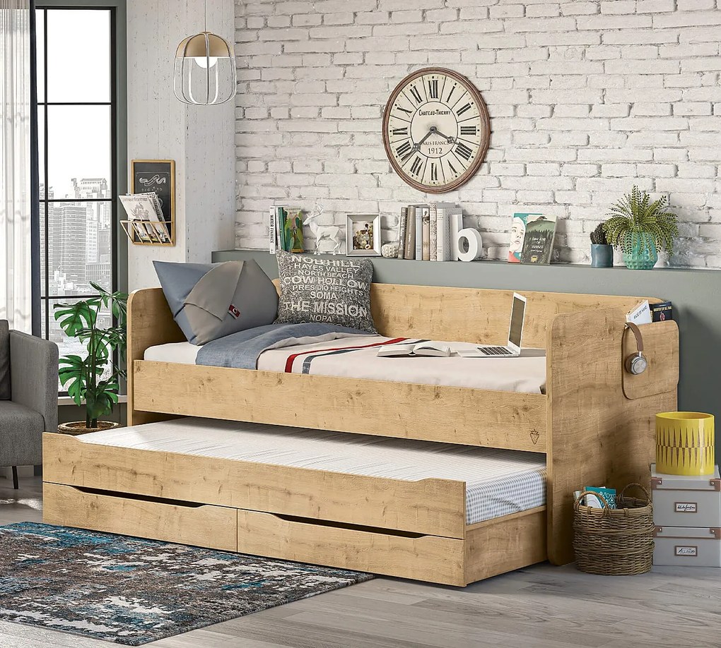 Postel I 90x200 s přistýlkou a úložným prostorem Cody Modular - dub