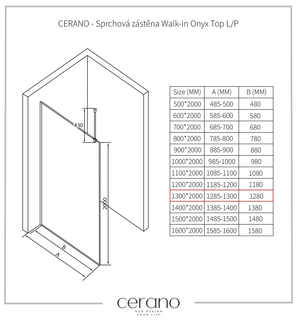 CERANO - Sprchová zástěna Walk-in Onyx Top L/P - kulatá vzpěra - chrom, transparentní sklo - 130x200 cm, CER-CER-8050BD1700