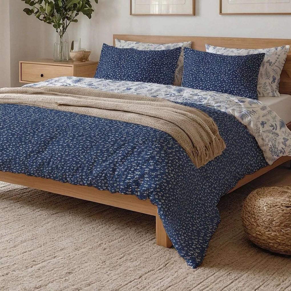 Krepové prodloužené povlečení V kapradinách s kytičkami - bílomodré Velikost: 140 x 220 + 70 x 90