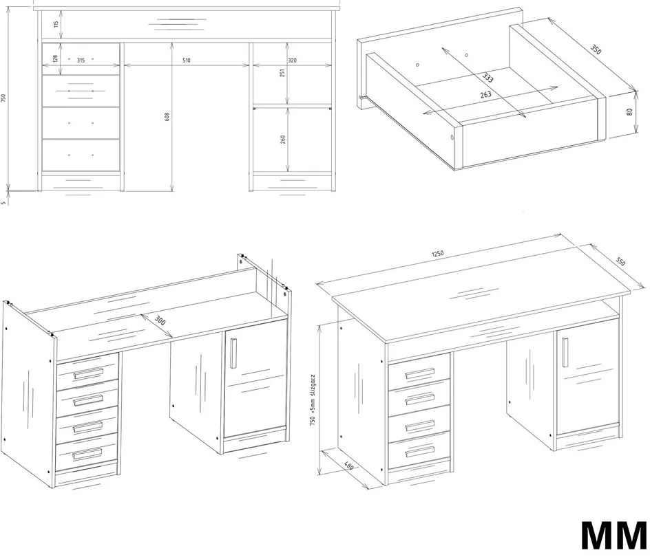 Psací stůl ADA 1D4S bílá