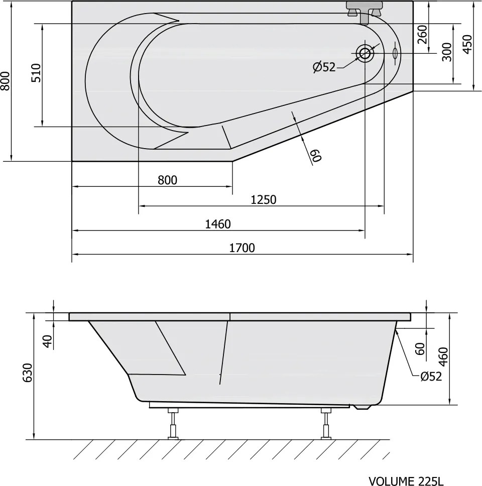 Polysan, TIGRA L asymetrická vana 170x80x46cm, bílá, 90111