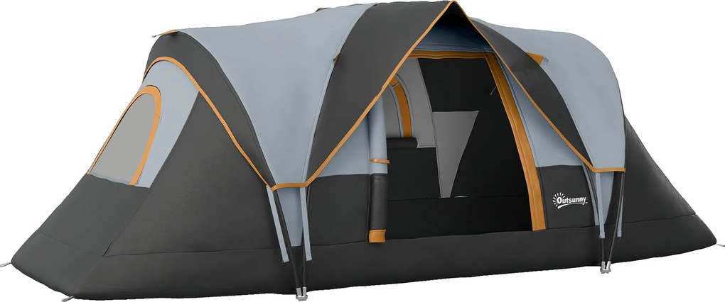 Kempinkový stan pro 5-6 osob, rodinný stan, přenosná taška, 4,55x2,2x1,8m, světle šedý/černý