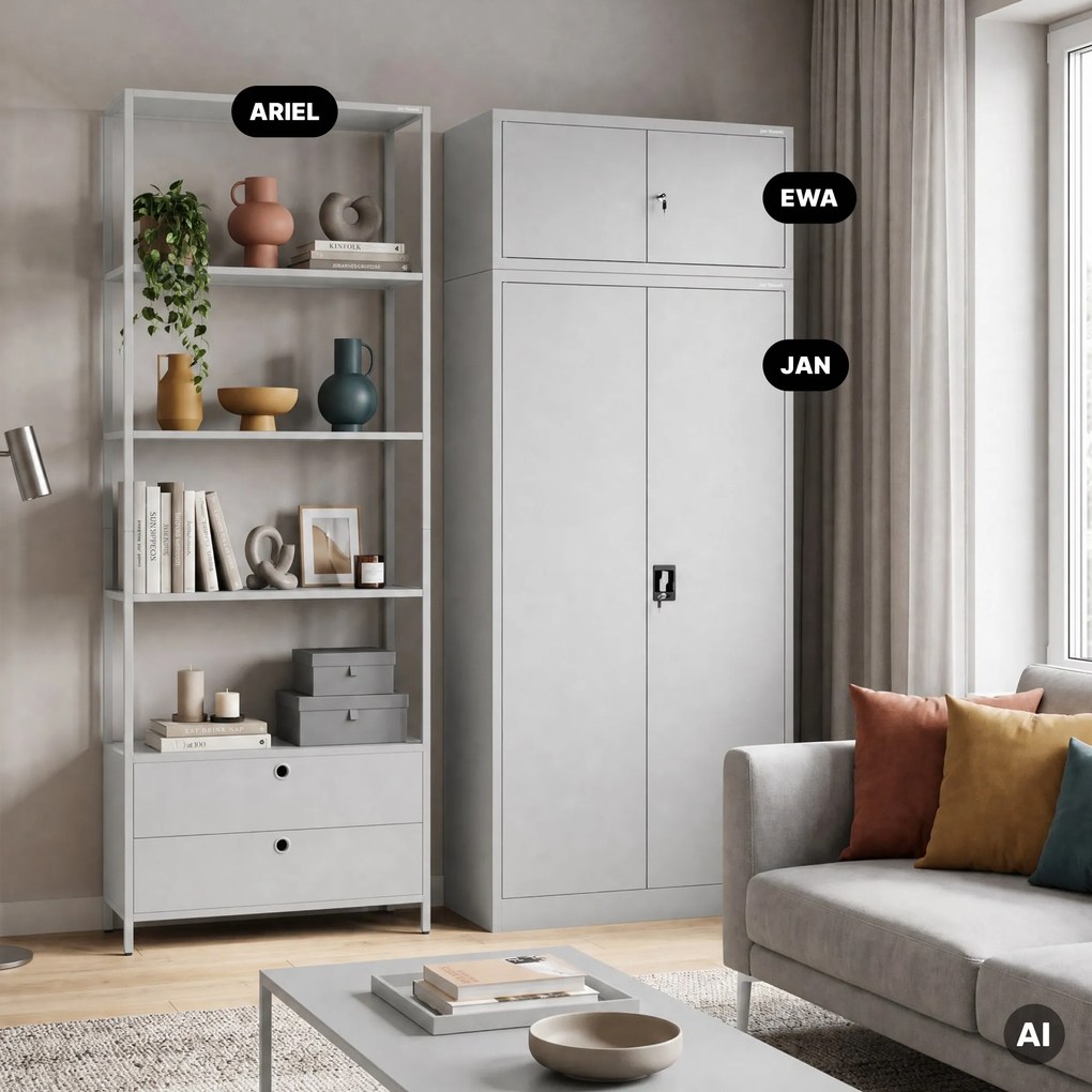 Regál se zásuvkami do kanceláře, na šanony a dokumenty, otevřené police, kovový, šedý, 800x2200x400 mm: ARIEL