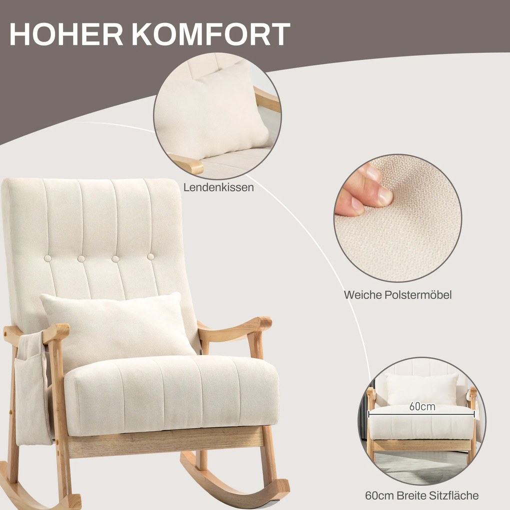 HOMCOM houpací křeslo čalouněné houpací křeslo s bederním polštářem boční kapsa relaxační křeslo dřevěný rám lněný vzhled pro obývací pokoj ložnice b…