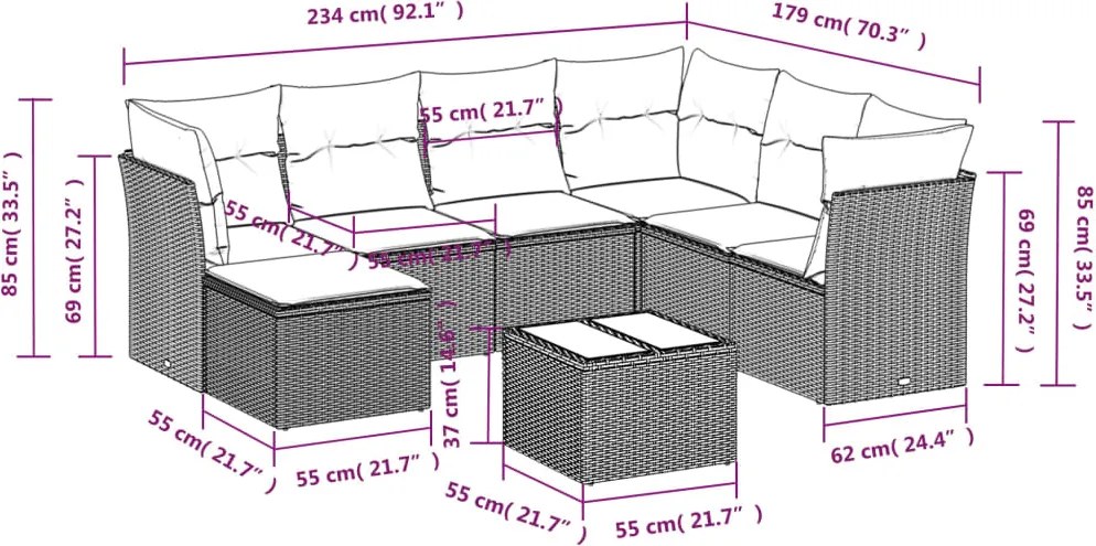8dílná zahradní sedací souprava s poduškami šedá polyratan 3218000