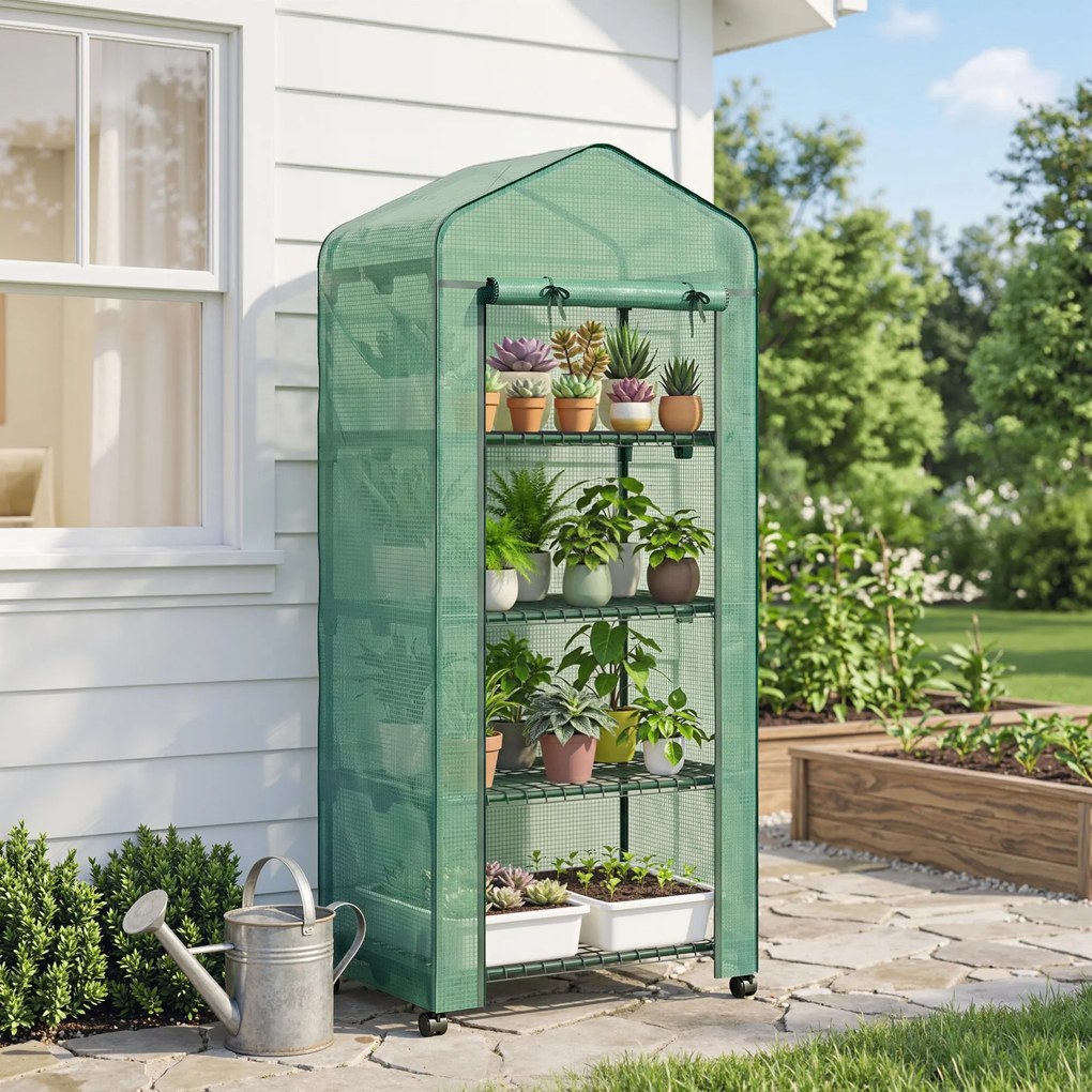 Fóliový skleník Outsunny s rolí, skleník se 4 policemi, fóliový skleník s ocelovým rámem, pro zahradu, balkon 69 x 50 x 165 cm, zelený 845-228V05GN