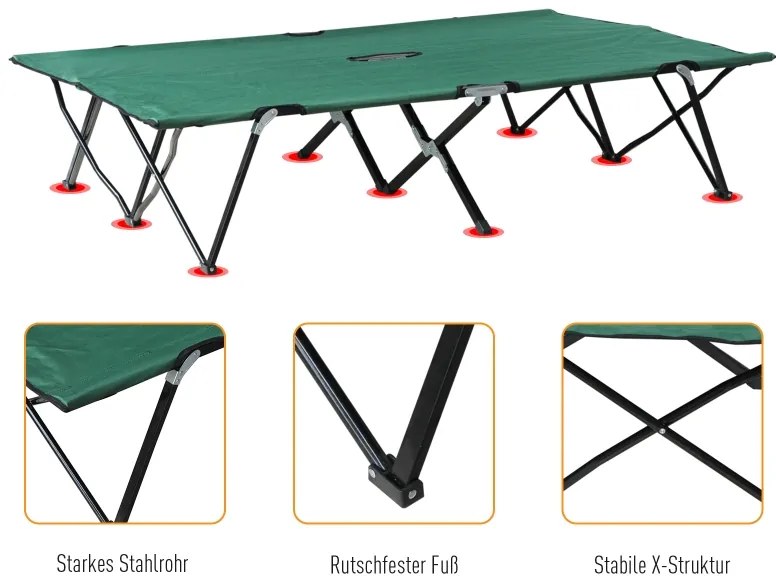 MM Handel  Skládací kempingová postel Outsunny pro 2 osoby s přepravní taškou, nosnost až 136 kg, ocelová oxfordská , 193 x 125 x 40 cm | zelená, Barvy a parametry Zelená