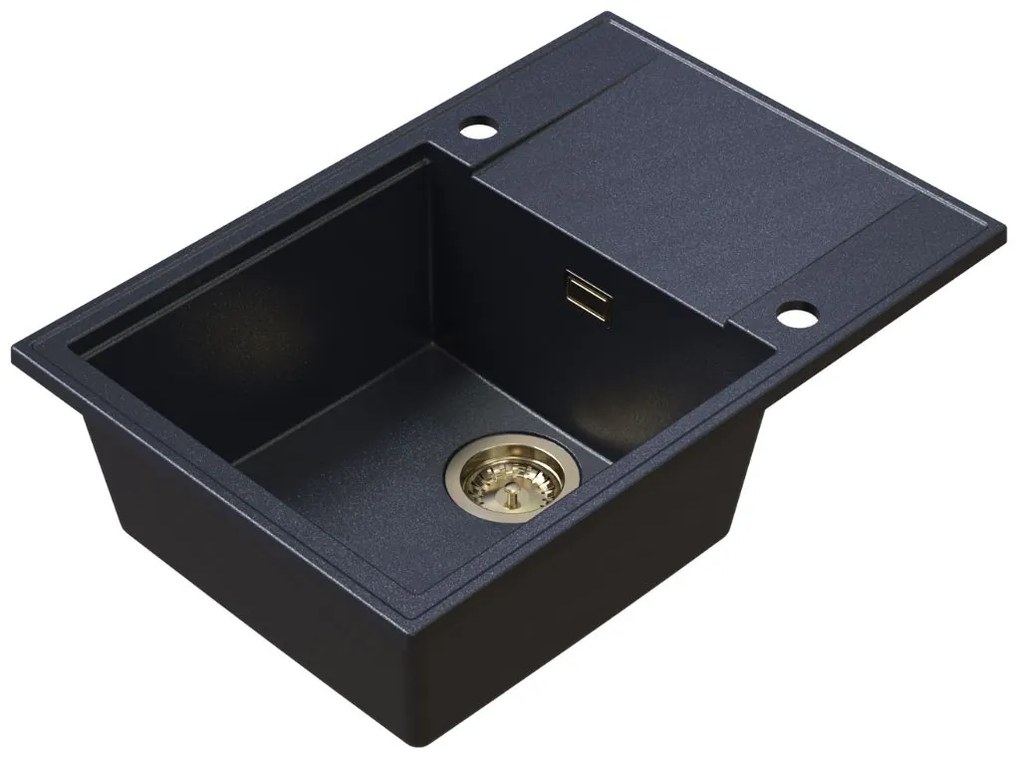 Sink Quality Sink55, kuchyňský granitový dřez 680x460x215 mm + zlatý sifon, černá skvrnitá, SKQ-SINK.B.1KDO.XG