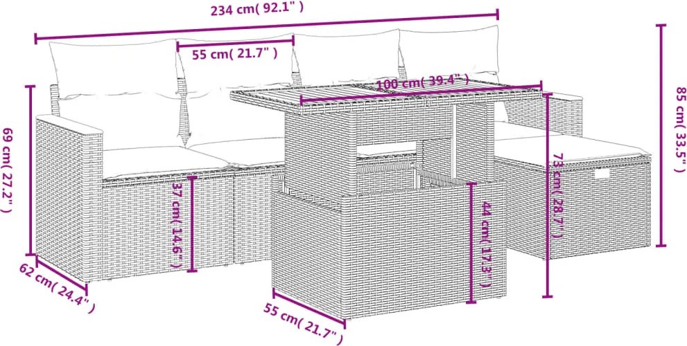 6dílná zahradní sedací souprava s poduškami šedá polyratan 3276035