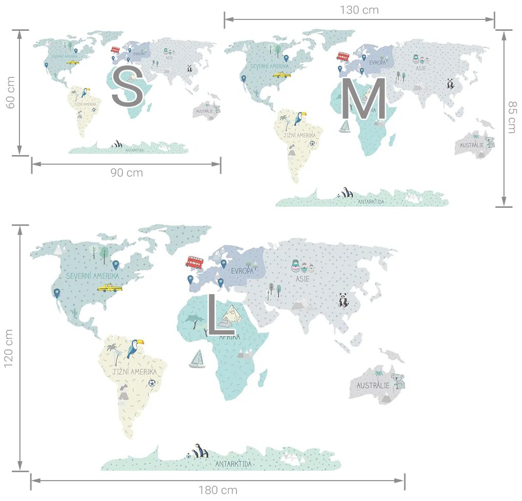 Dětské nástěnné samolepky MAPA SVĚTA mátové Zvolte rozměr: L, Zvolte jazyk: Slovenský