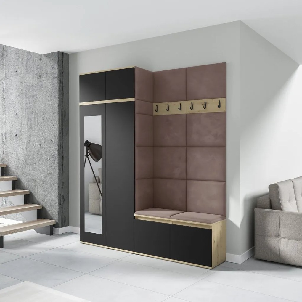 Eka Předsíňová stěna s čalouněnými panely Trinity 19 - Dub Artisan s černou / Světlá hnědá 2306