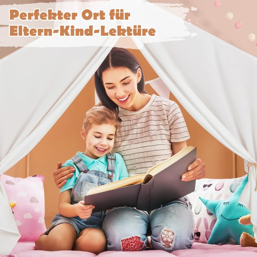 Costway Dětský stan s omyvatelnou bavlněnou podložkou a vlajkou Banner s okny