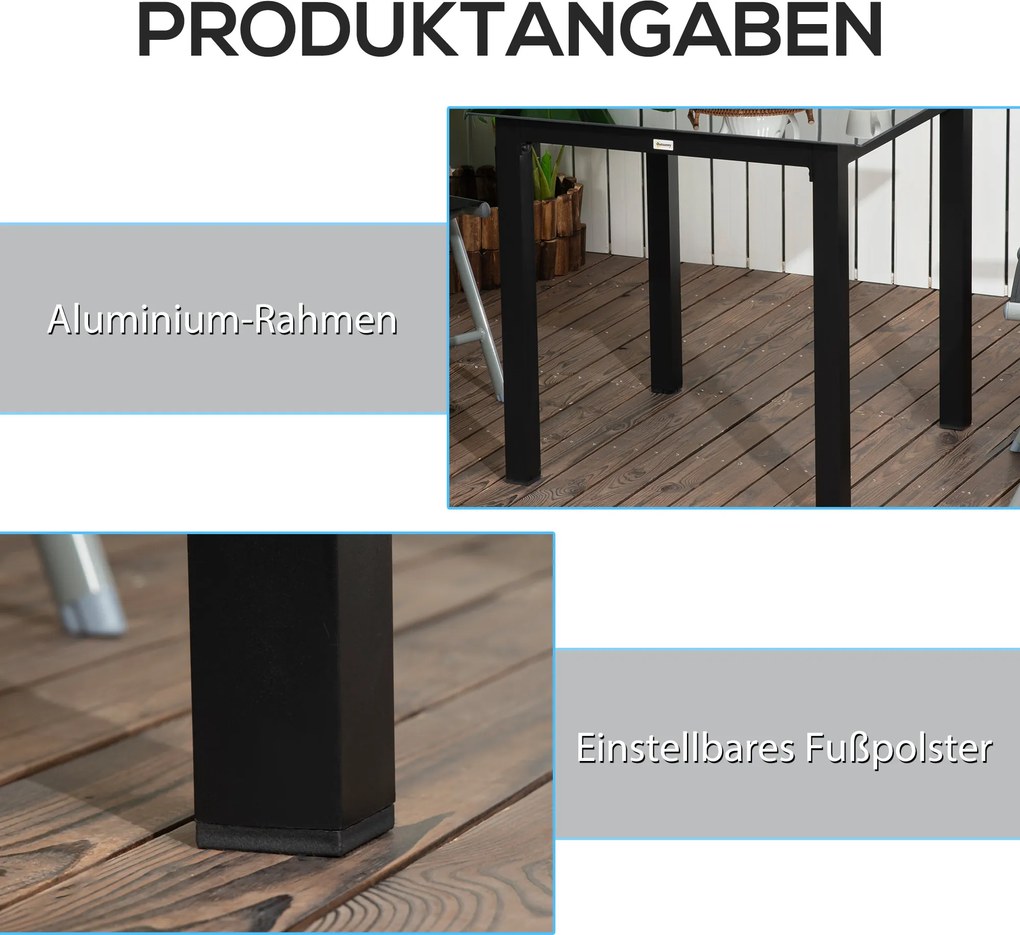 Outsunny zahradní stůl čtvercový pro 4 osoby, stůl na terasu s deskou z tvrzeného skla, hliníková černá 80x80x74cm pro zahradu a balkon