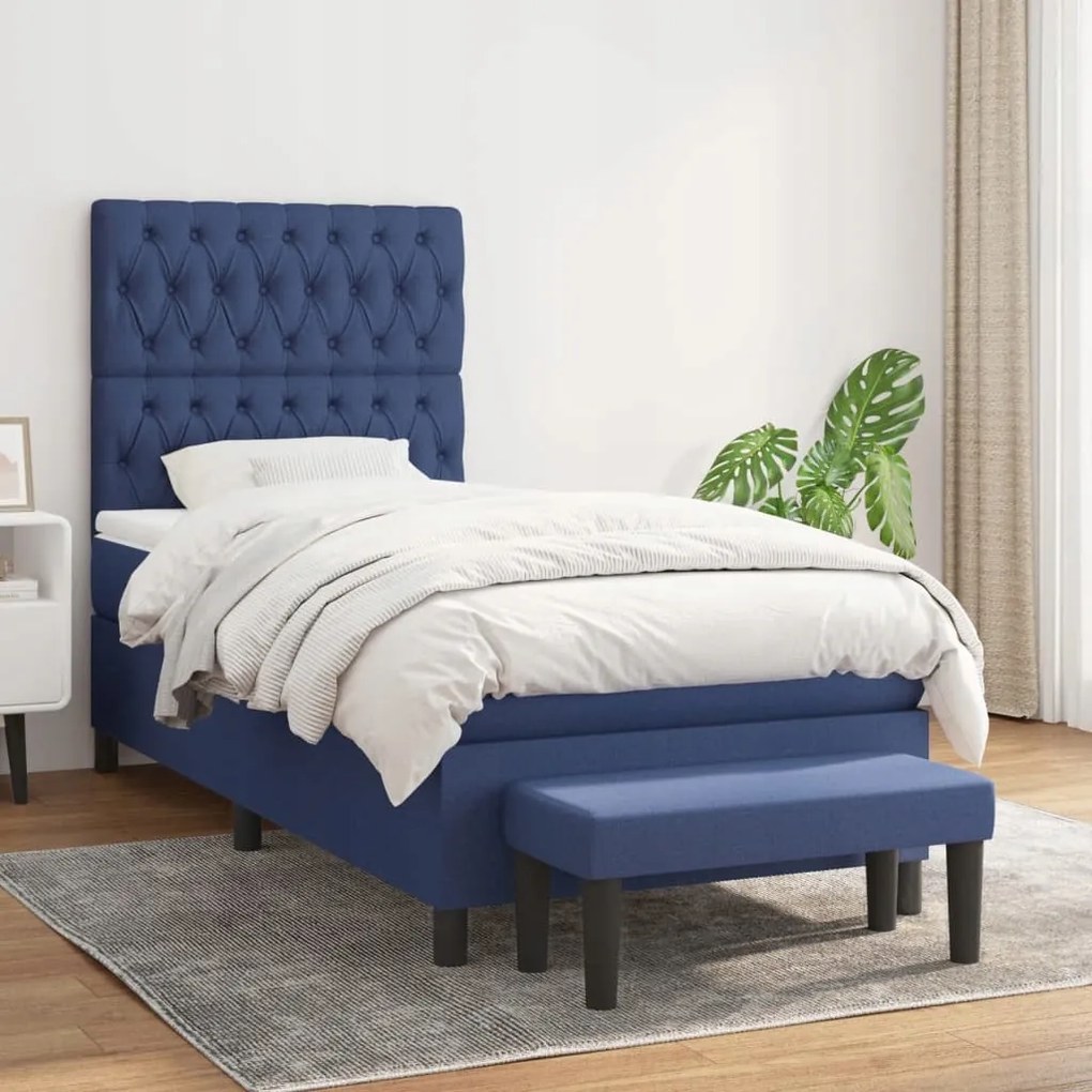 Box Spring Postel S Matrací Textil Modrá Prošívaný design 90 x 190 cm