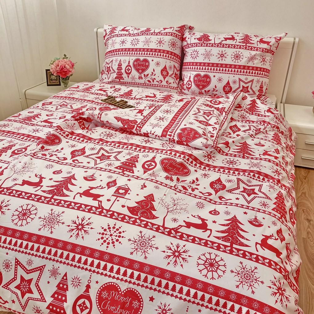 Povlečení bavlněné Vánoční povlečení Christmas červené TiaHome - 1x Polštář 90x70cm, 1x Přikrývka 140x200cm