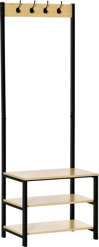 HOMCOM Zábradlí na kabáty s lavicí a kovovým regálem na boty se 3 policemi a 4 háčky na oblečení do předsíně 60x40x175 cm Černá a přírodní | Aosom