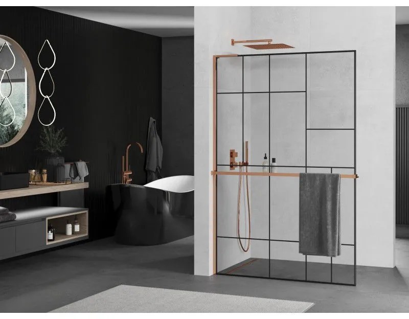 Mexen Kioto+ L, sprchová zástěna Walk-In s poličkou a věšákem 90 x 200 cm, 8mm čiré sklo černý vzor, růžové zlato profil, 800-090-123-60-78