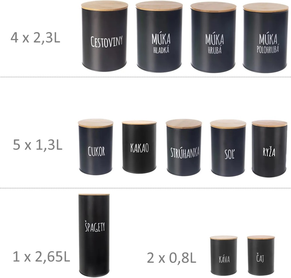 Orion Sada 12ks plechových dóz na potraviny, černé, slovenské názvy, s bambusovým víkem SADA SK