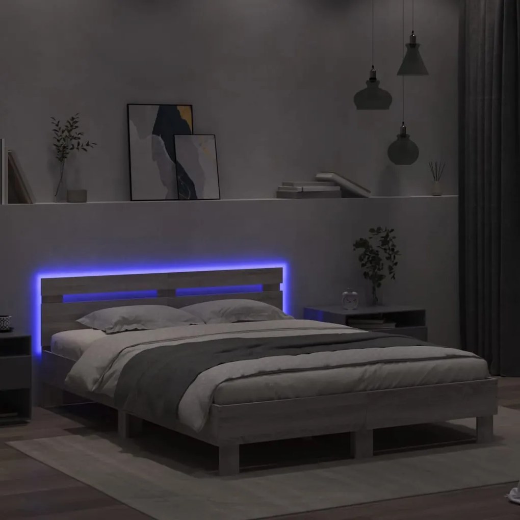 Rám postele s čelem a LED osvětlením šedý sonoma 150 x 200 cm 3207544