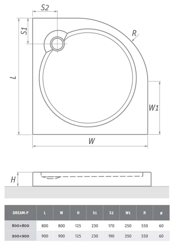 Čtvrtkruhová samonosná sprchová vanička DREAM-P 125 mm S 800 × 800 R550 DREAM-P - SANIPRO /800 80 cm 80 cm 8000099