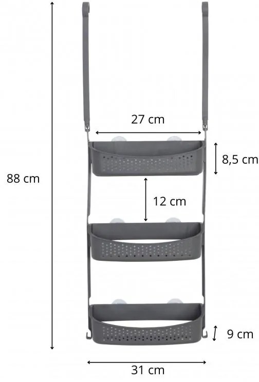 Erga Wiki, závěsný organizér do koupelny z PVC, 3 police, šedá, ERG-YKA-CH.WIKI-3-GRY