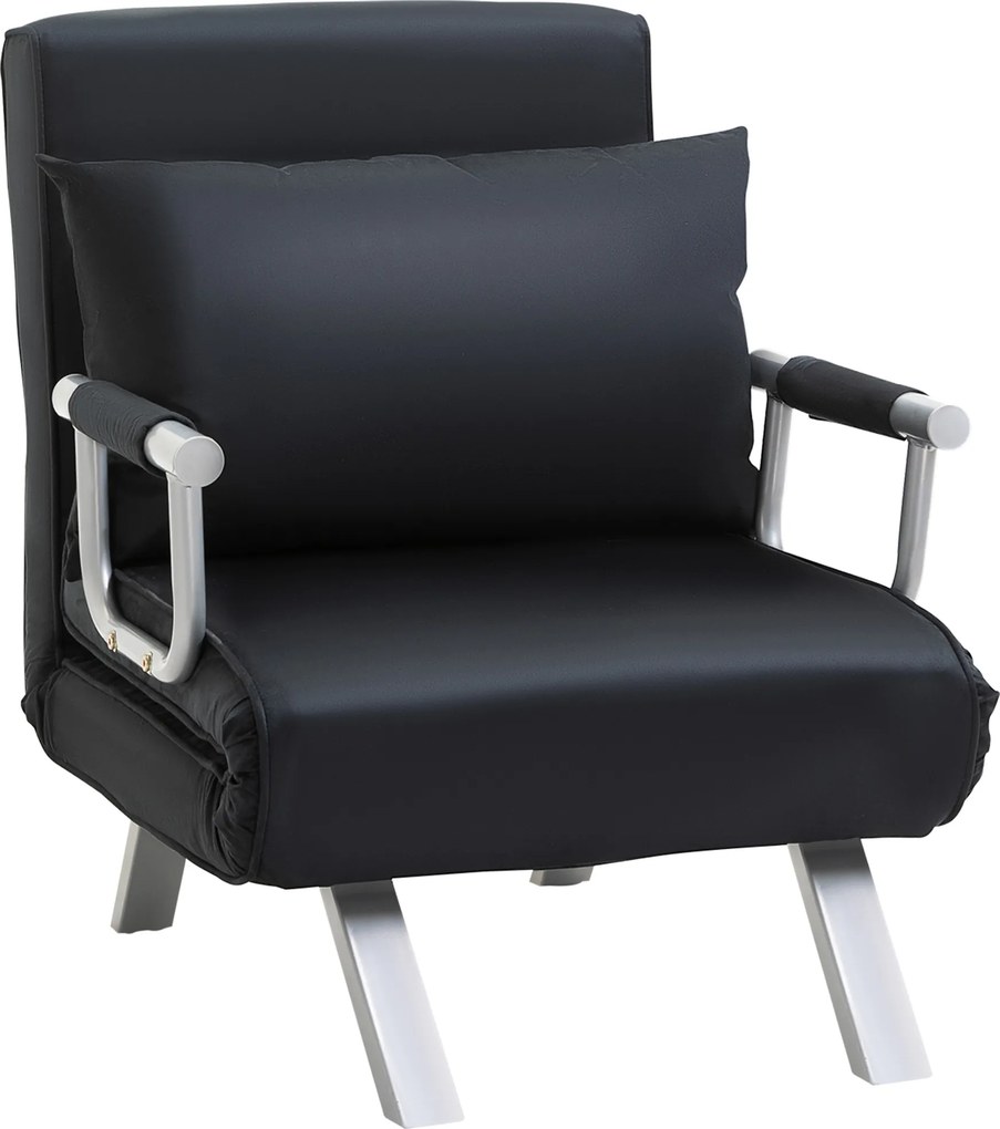 HOMCOM Rozkládací pohovka 2 v 1 s nastavitelným opěradlem 65L x 77W x 80H cm, snímatelný potah, polštáře, robustní a nerezavějící, polyester černá | …