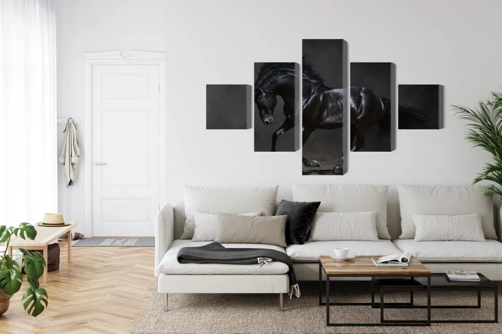 Vícedílný obraz Černý Kůň Ve Cvalu Nedostatek Nedostatek Přírodní plátno 250x150