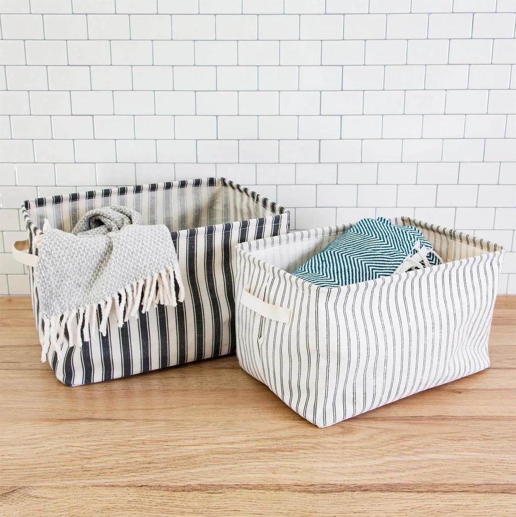 sass & belle Úložný textilní koš Ticking Stripe - set 2ks, šedá barva, krémová barva, plast, textil