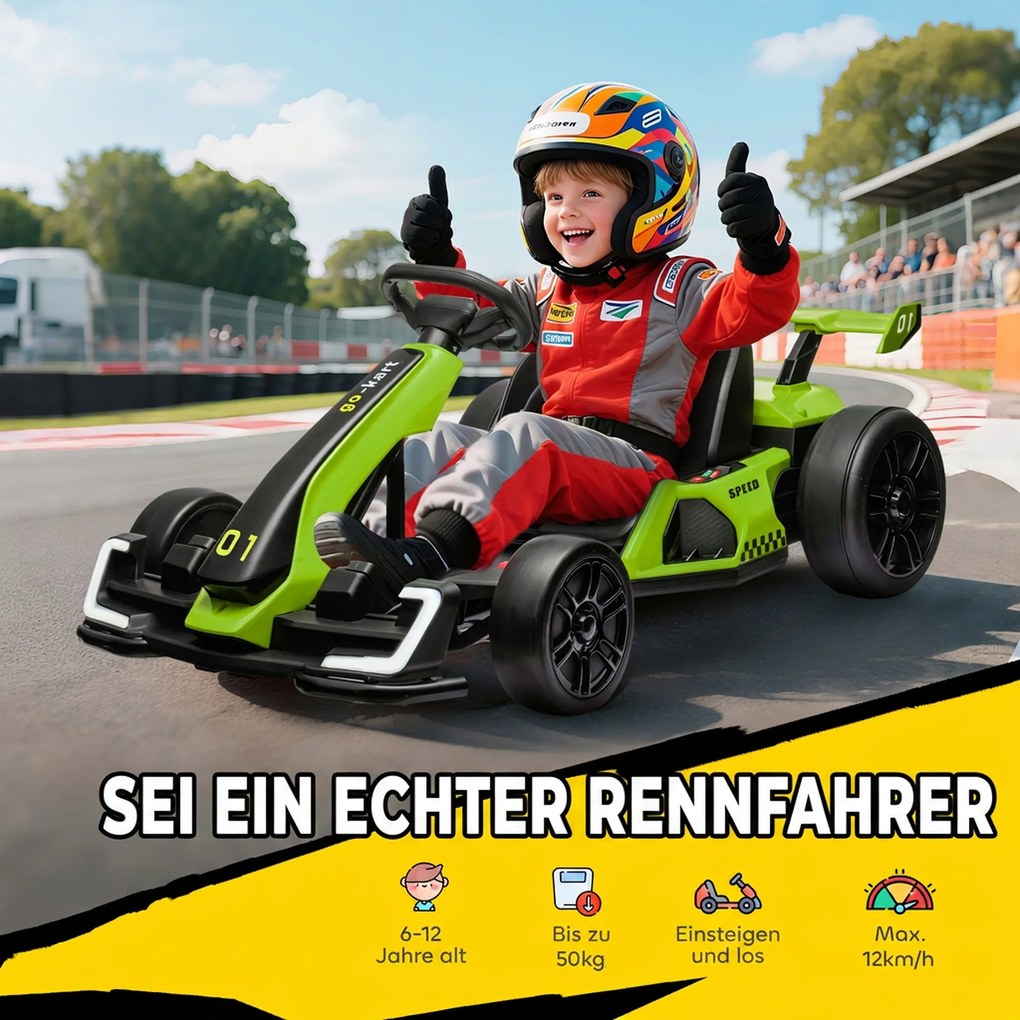 HOMCOM Elektrické Go-Kart pro Děti 6-12 Let 24V 6-12km/h s Nastavitelným Sedadlem, 2 Motory, Drift Go-Kart s Klaksonem, Světly a Hudbou, Zelené