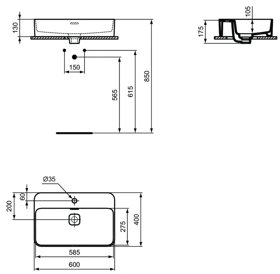 Ideal Standard Strada II - Umyvadlo na desku 600 x 400 mm, s přepadem, s otvorem, Bílá, T299801