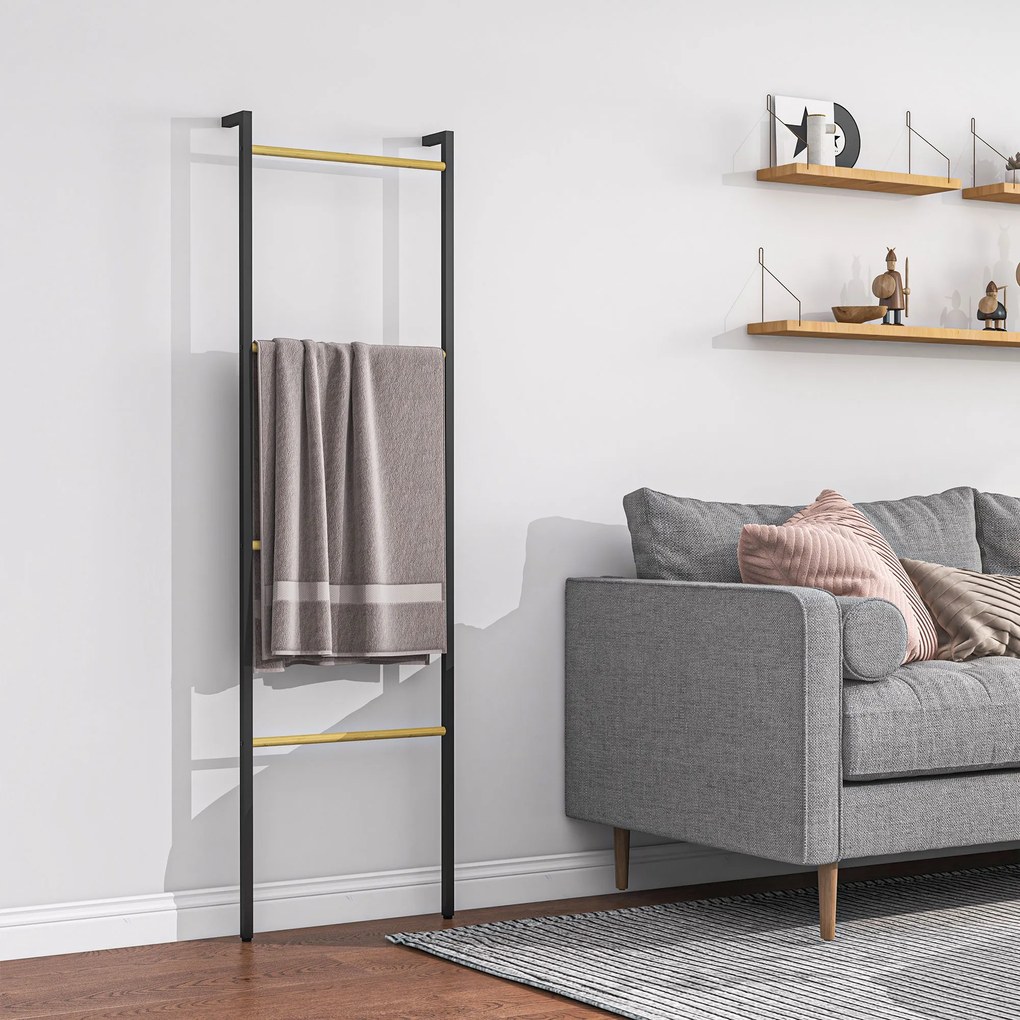 HOMCOM Žebřík na ručníky 49 x 167,5 cm Držák na ručníky se 4 tyčemi šetřící místo na ručníky oblečení deky noviny z oceli Černá