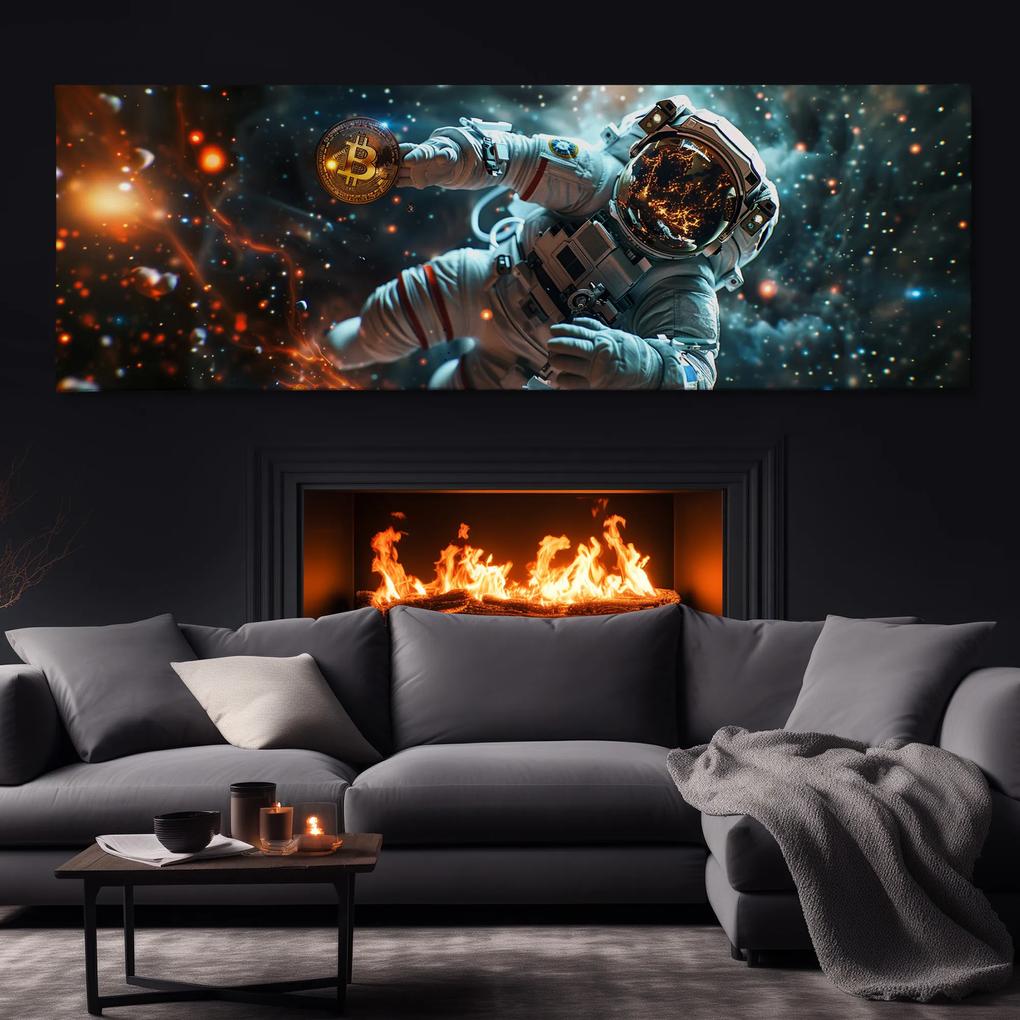Obraz na plátně - Bitcoin, Astronaut štosuje ve vesmíru FeelHappy.cz Velikost obrazu: 150 x 50 cm